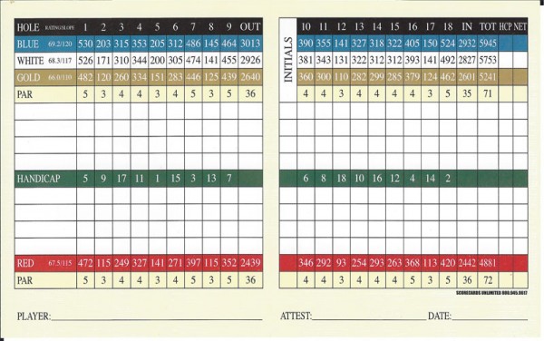 Score Card - Westminster National Golf Course